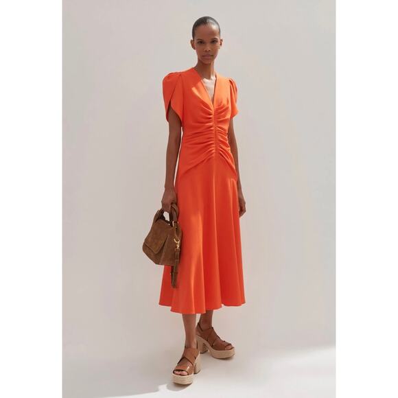 ME+EM | Dresses | Meem Textured Pleat Front Midi Dress Orange Coral ...